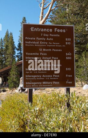 A sign showing the entry fees at the Eastern entrance to Yosemite ...