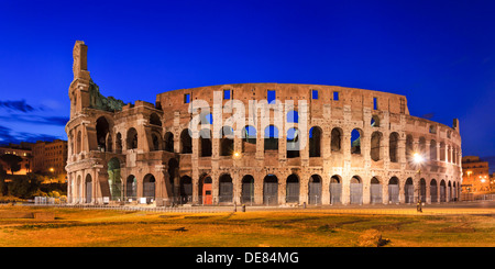 Wide panoramic view of illuminated ancient Greek temples at Paestum ...
