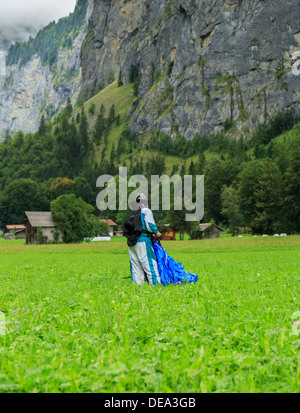 BASE jump in the Swiss village Lauterbrunnen, canton of Bern ...