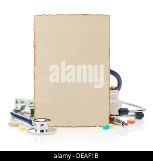 Red stethoscope and prescription isolated on white Stock Photo - Alamy
