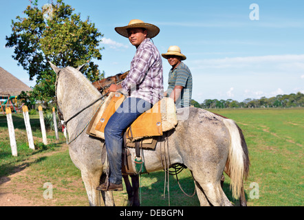 Pantaneiro cowboys riding horses at a fazenda in South Pantanal, Brazil ...
