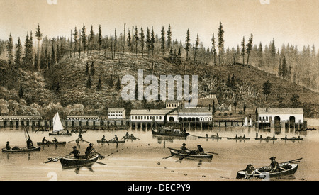 Salmon cannery on the Pacific coast at Astoria Oregon 1880s. Hand ...