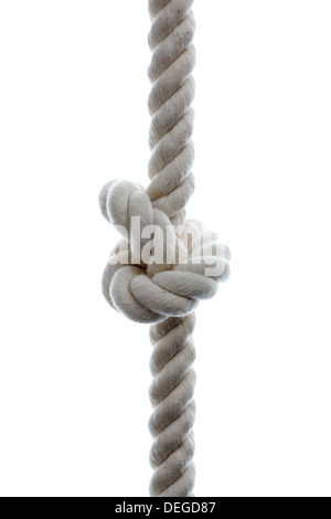 Vertical shot of a white rope with a knot horizontally isolated on the ...