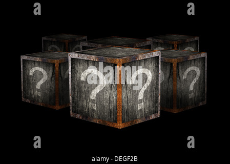 Wooden mystery box with question marks Stock Photo - Alamy