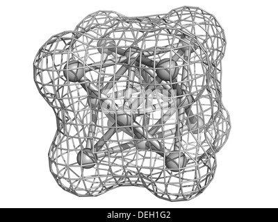 Silver metal (Ag), crystal structure. Atoms are represented as spheres ...