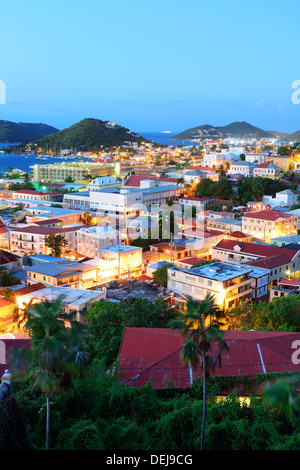 Virgin Islands St Thomas mountain panorama view in early morning with ...