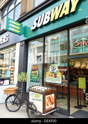 Subway takeaway with delivery tricycle in Manchester UK Stock Photo - Alamy