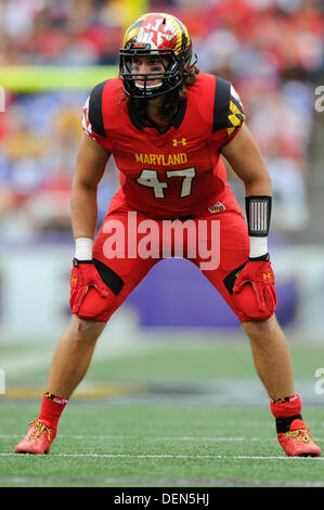 Maryland linebacker Cole Farrand (47) reacts after an NCAA college ...