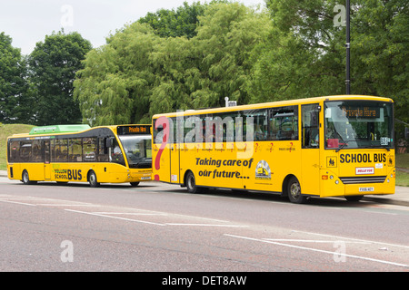 A yellow school bus (UK variety) in Manchester. The vehicle is an ...