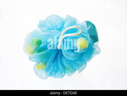 Soft blue bath puff or sponge isolated on white background. Studio ...