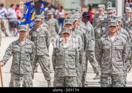 Flights of airmen at parade rest during United States Air Force basic ...