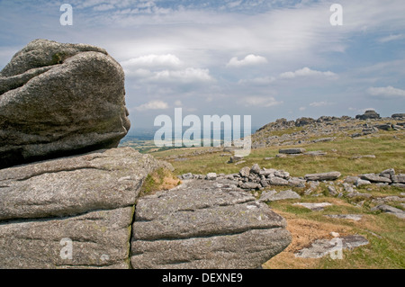 Attractive landscape on Belstone Tor, Dartmoor, looking west across the ...