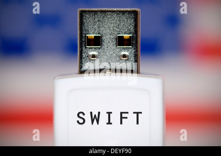 Memory stick with inscription "Swift" in front of the U.S. flag, Swift ...