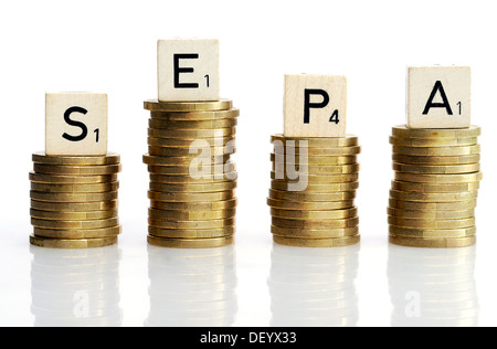 SEPA stroke on monetary coins, SEPA procedures, SEPA-Schriftzug auf ...