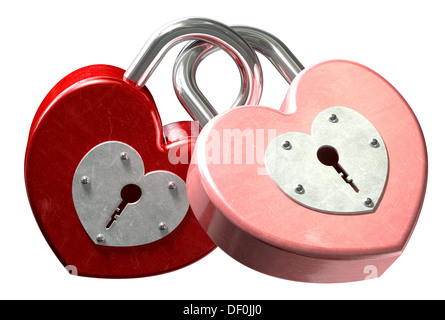 A front view of two locked together heart shaped pink and red metal ...