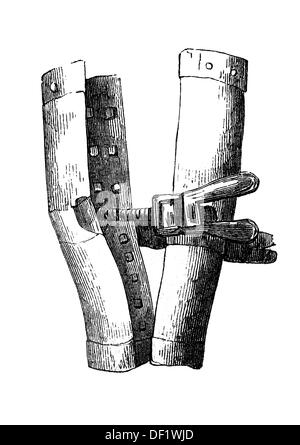 Instrument of torture: leg screws, Spanish boots, woodcut from 1864 ...