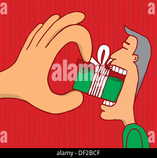 Big cartoon hand forcing man to consume Stock Photo - Alamy