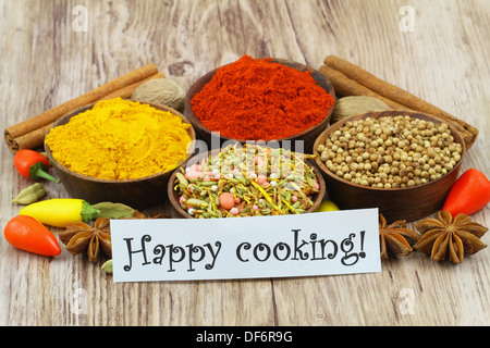 Happy cooking card with spices and chilies Stock Photo - Alamy