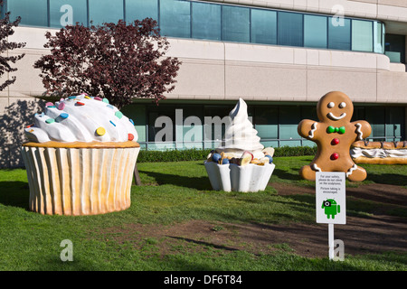 Google Android lawn statues at the Googleplex Google's headquarters in ...
