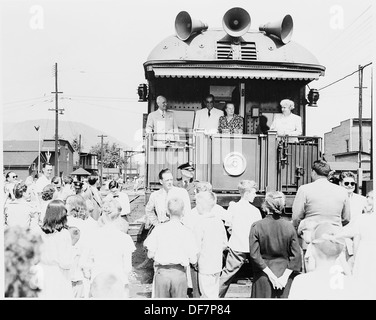 This photograph shows President Truman, Mrs. Truman, and their daughter ...