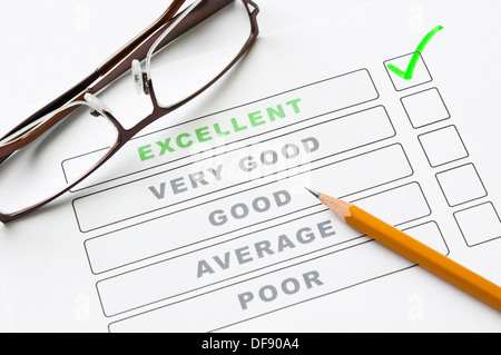 Performance evaluation form with green check mark on Excellent with ...