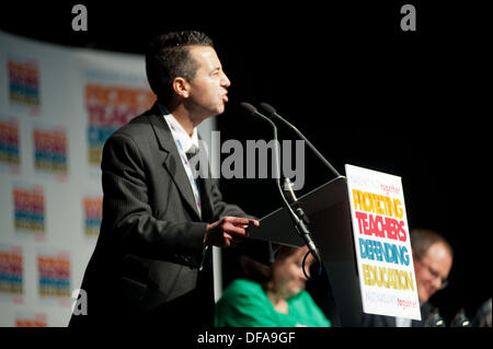 Robert Kapadia a Teacher and member of the NASUWT speaking at the rally ...
