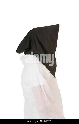 Man with a black hood over his head and his hands tied behind his back ...