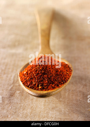 Paprika Powder on wooden spoon, in a glass bowl jar on a wooden table ...