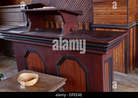 Small church interior with pews and pulpit, empty chapel with an Stock ...