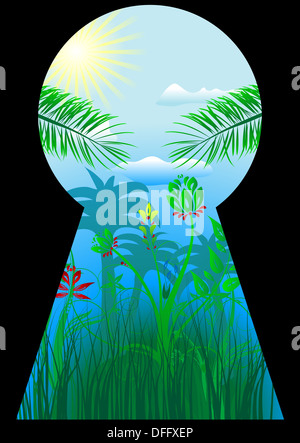 Keyhole in tropics with palm trees and flowers Stock Photo - Alamy