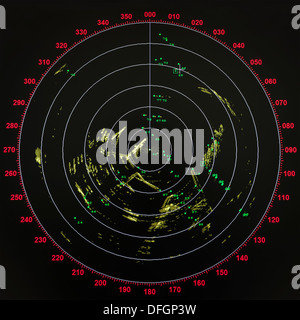 Black and red modern ship radar screen with round map and standard text ...