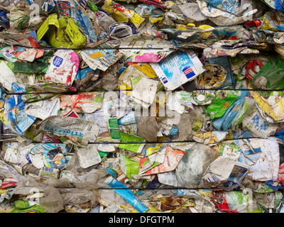 closeup of compressed tetra pak materials (plastic backed cardboard ...