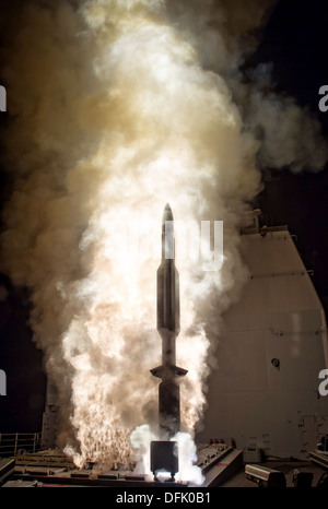 A US Navy Aegis SM-3 Block 1B interceptor missile launches from the ...