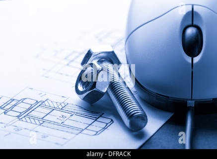 Drafting, mouse and screw bolt with nut Stock Photo - Alamy