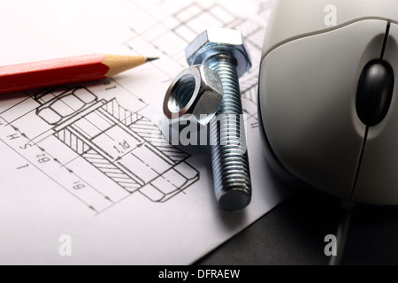 Drafting, mouse and screw bolt with nut Stock Photo - Alamy
