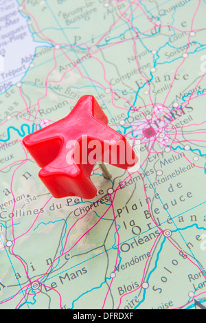 Map Of France With Push Pin Plane Over Paris Stock Photo - Alamy