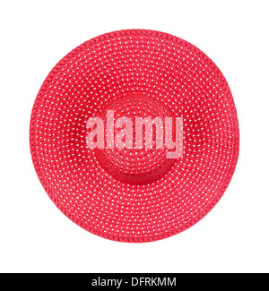 Top view of a straw hat with red ribbon isolated on a pink background ...