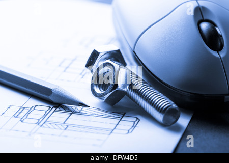 Drafting, mouse and screw bolt with nut Stock Photo - Alamy