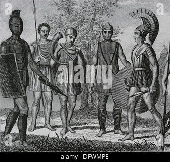 Ancient Age. Etruria. Soldiers and archers Etruscan. Colored engraving ...