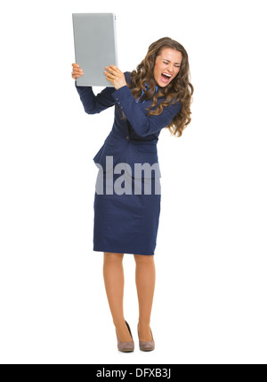Business, angry and woman breaking laptop, stress and frustrated ...