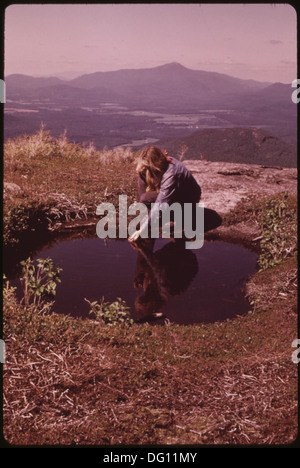 Small pool in a rock atop a foggy mountain Stock Photo - Alamy
