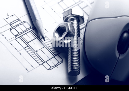 Drafting, mouse and screw bolt with nut Stock Photo - Alamy