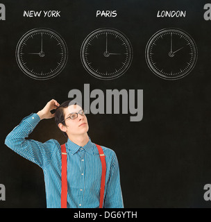 Nerd geek businessman time difference blackboard background Stock Photo ...