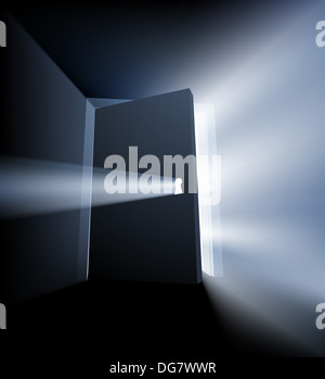 An open door with bright light streaming into a very dark room ...