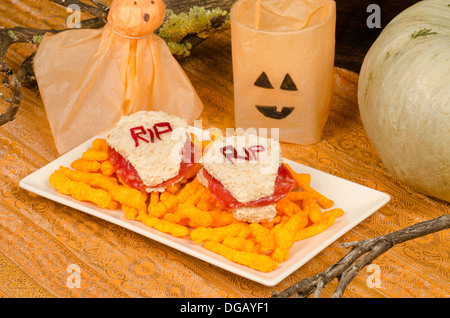 Tombstone sandwiches, a funny Halloween party snack idea Stock Photo ...