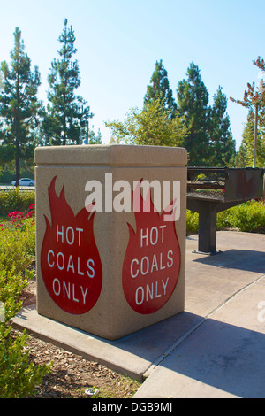 A hot coals disposal bin in a barbecue area of a park in Tustin ...