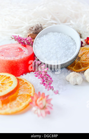 Background of spa with dried fruits, plants and flowers Stock Photo - Alamy