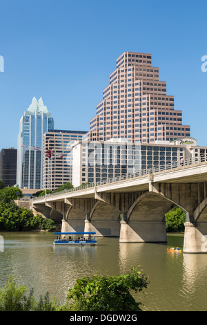 Tour boat on Lady Bird Lake Austin skyline Texas USA Stock Photo - Alamy