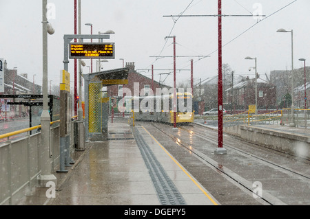 Manchester Metrolink tram in snow, during testing on the East ...