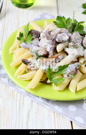 Close-up penne pasta with mushrooms, parmesan cheese sauce and fresh ...
